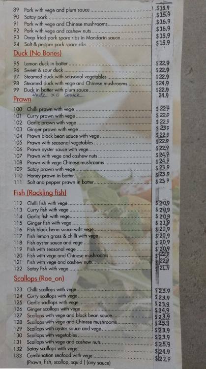 Menu at Saigon Sun restaurant, Altona