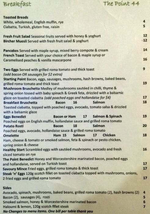 Menu at The Point restaurant, Gold Coast