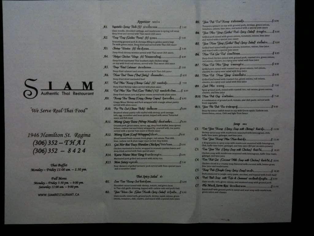Menu at Siam Authentic Thai Restaurant, Regina