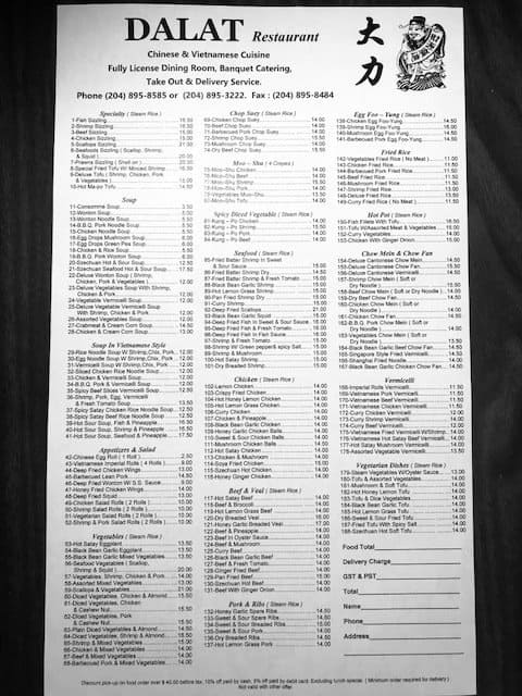 Menu at Dalat restaurant, Winnipeg, Taylor Ave