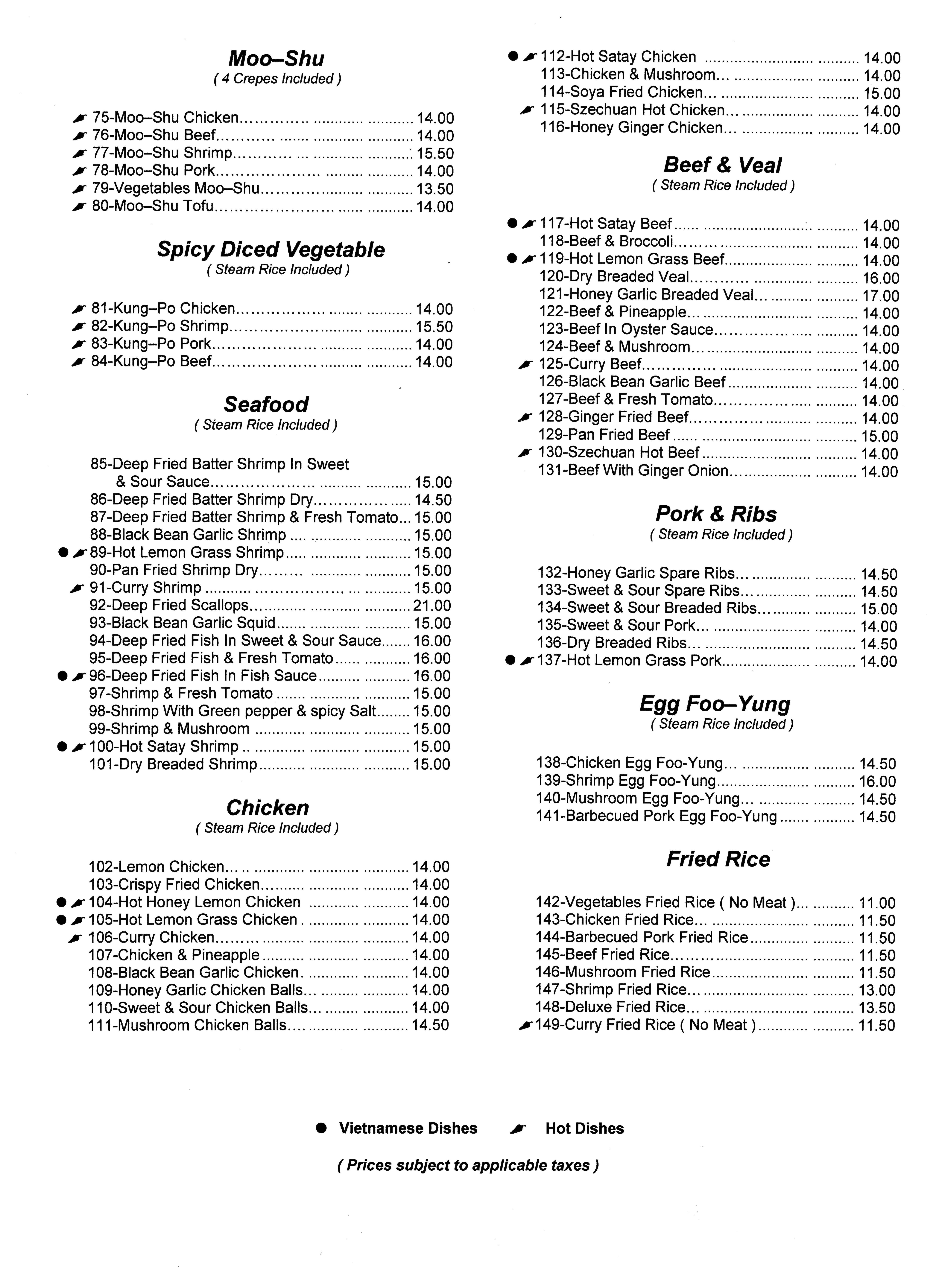 Menu at Dalat restaurant, Winnipeg, Taylor Ave