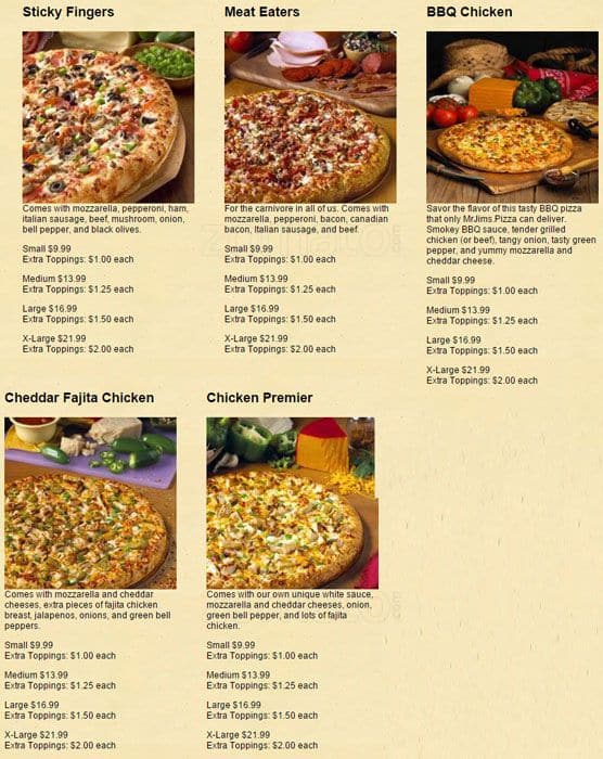 Menu at Mr Jim's Pizza restaurant, Spring