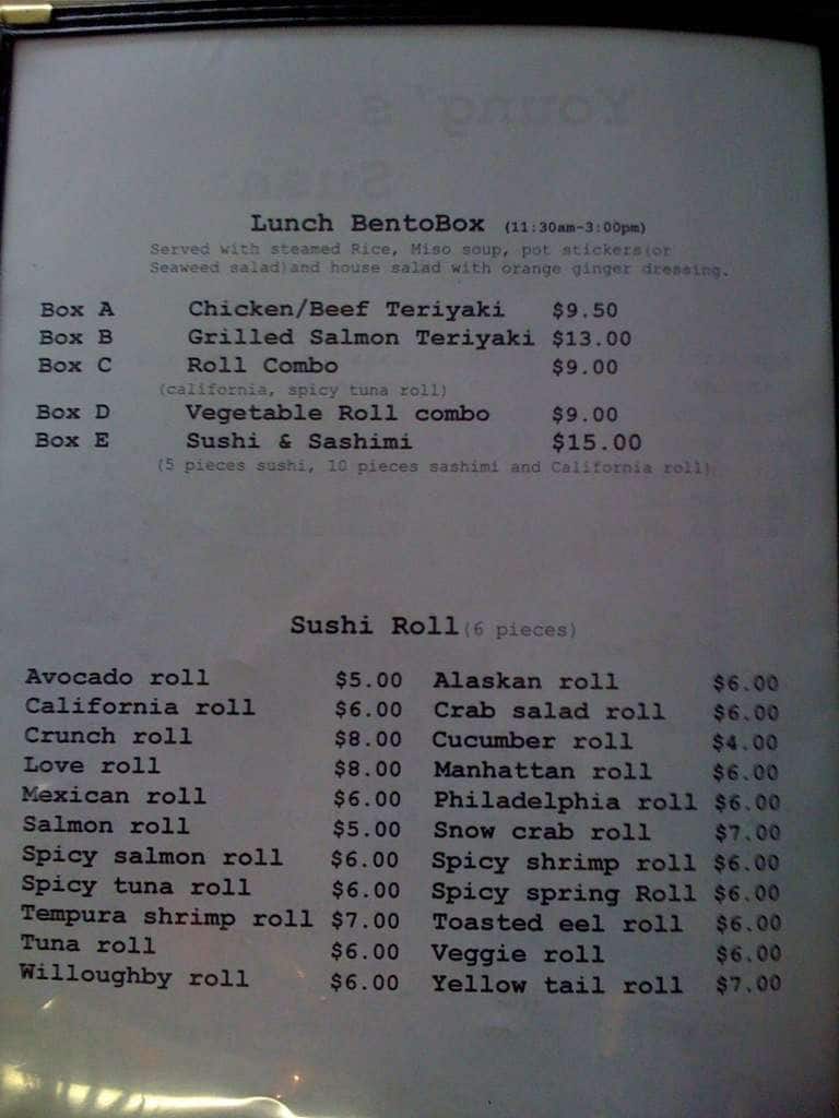 Menu at Young's Sushi restaurant, Willoughby