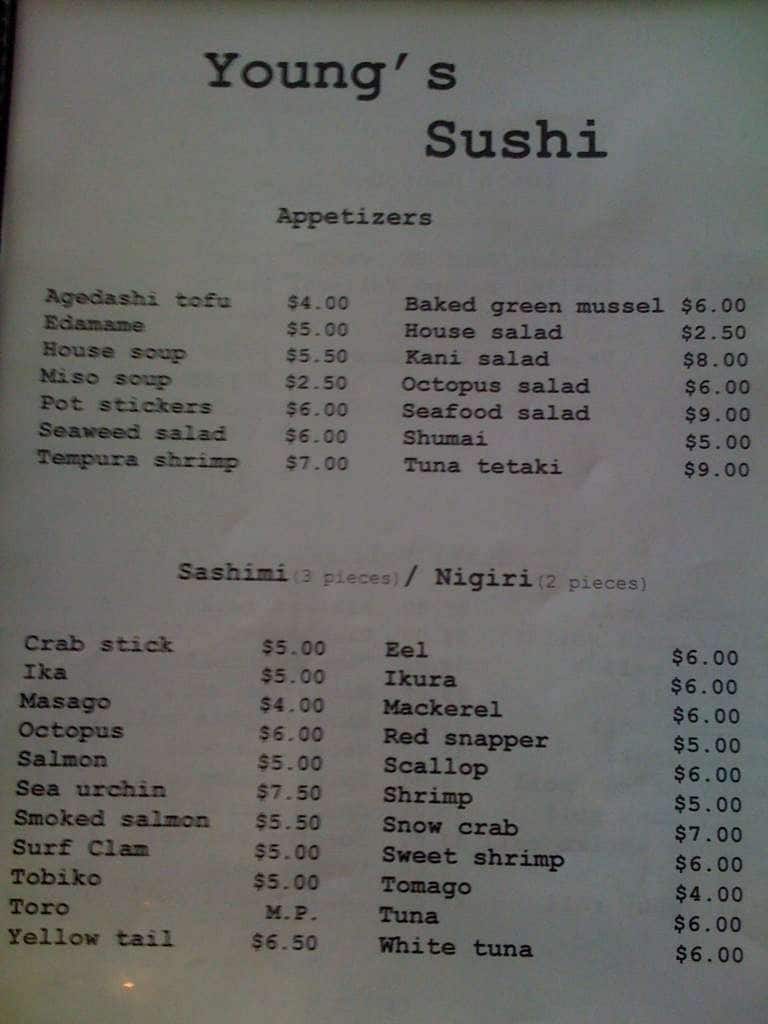 Menu at Young's Sushi restaurant, Willoughby