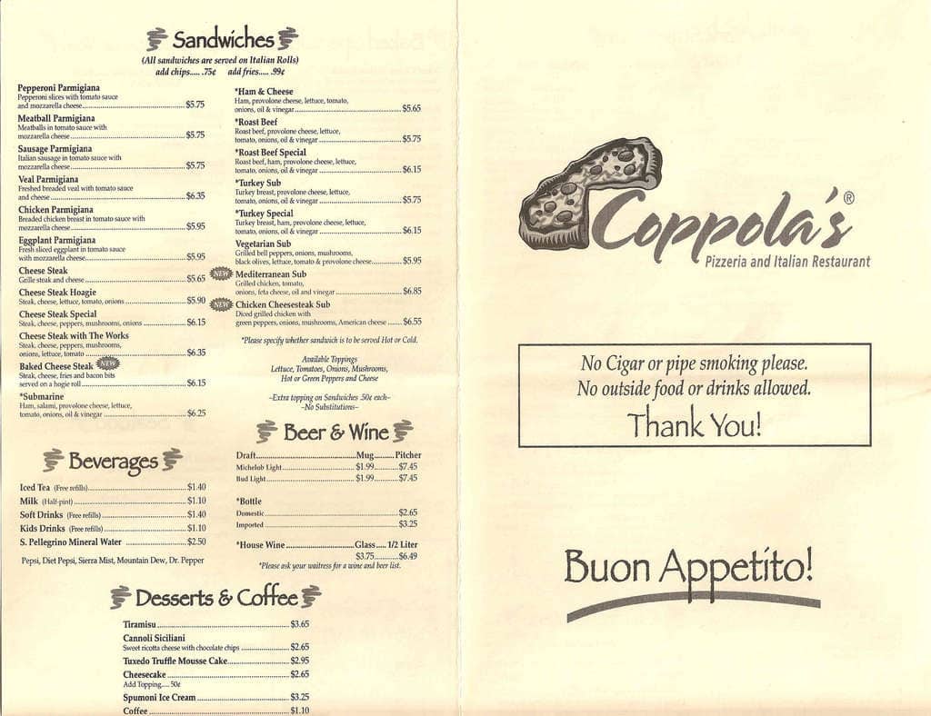 Menu at Coppola's Pizzeria & Italian Restaurant, Mount Airy, 692 S Andy ...