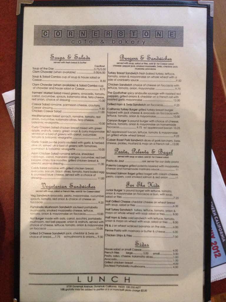 Menu at Cornerstone Cafe, Dunsmuir