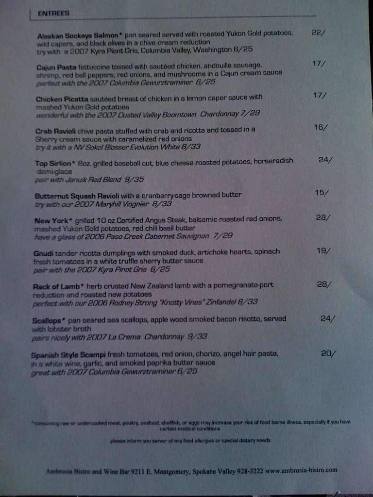 Menu at Ambrosia Bistro and Wine Bar, Spokane Valley
