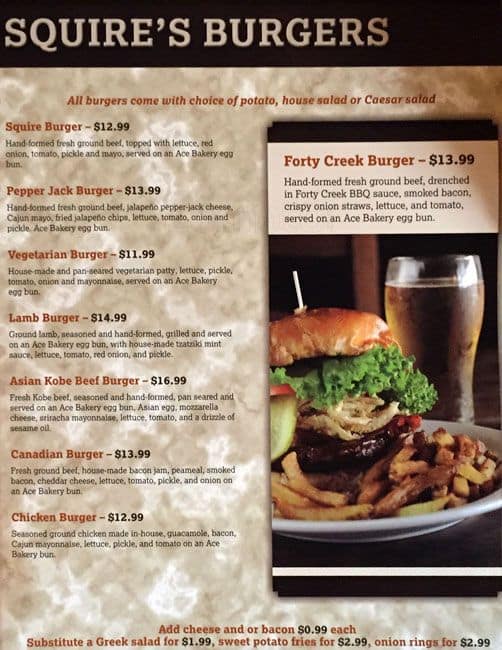 Menu at Squires pub & bar, Burlington