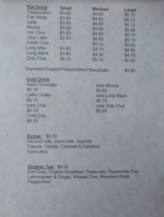 Menu at Cafe Pronto, Brisbane City