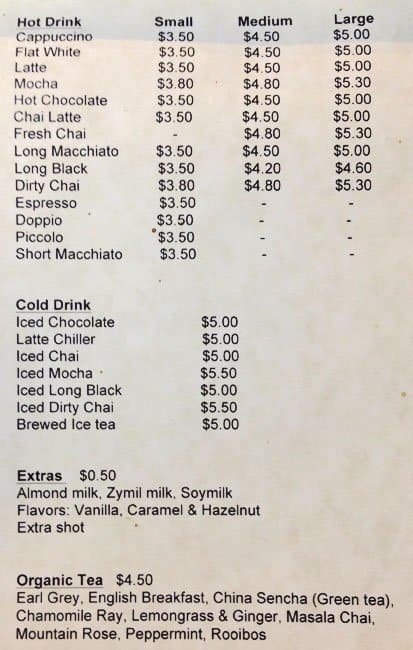 Menu at Cafe Pronto, Brisbane City