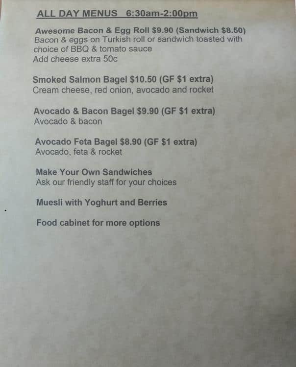 Menu at Cafe Pronto, Brisbane City