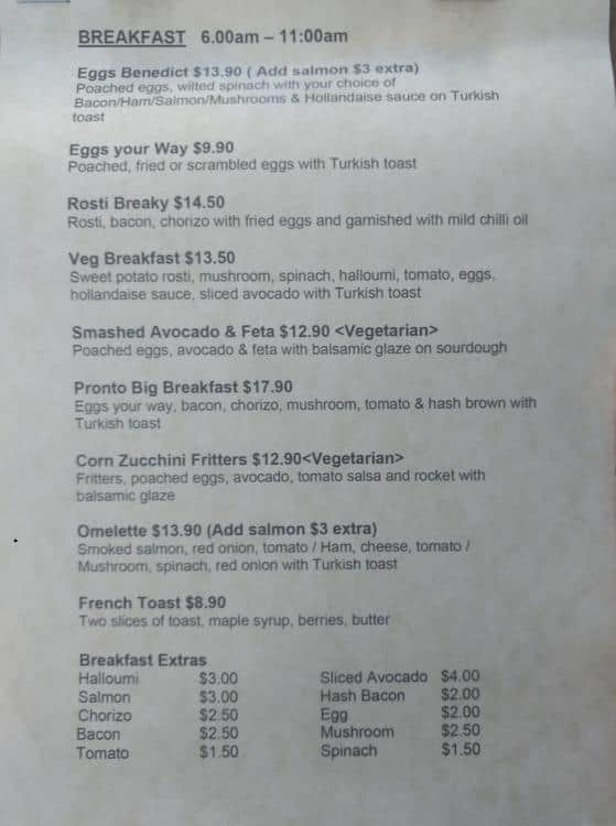 Menu at Cafe Pronto, Brisbane City