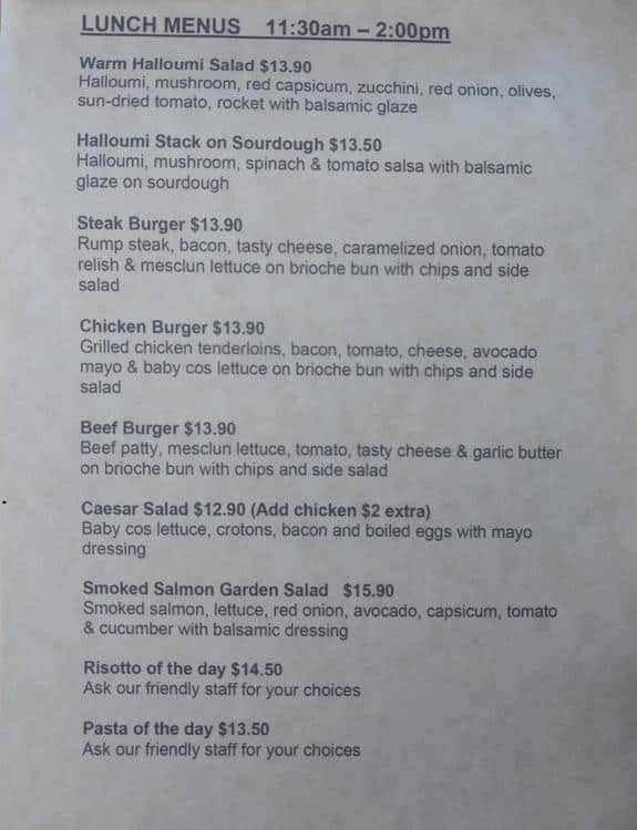 Menu at Cafe Pronto, Brisbane City