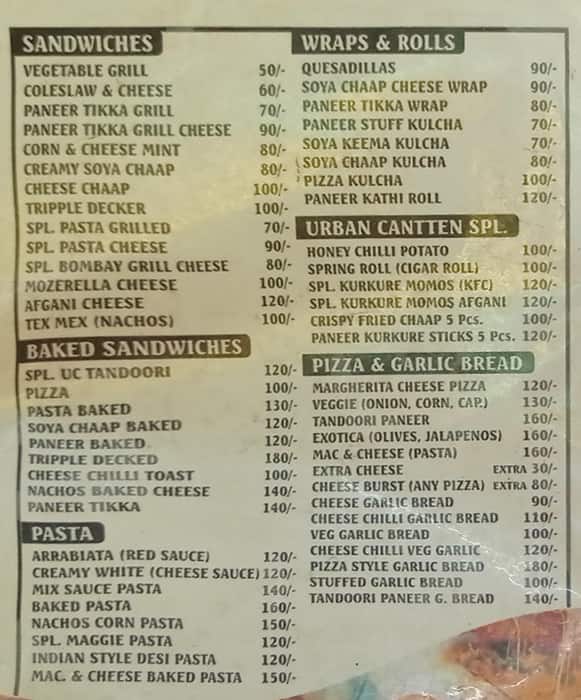 Menu of The Urban Canteen, Shalimar Bagh, New Delhi
