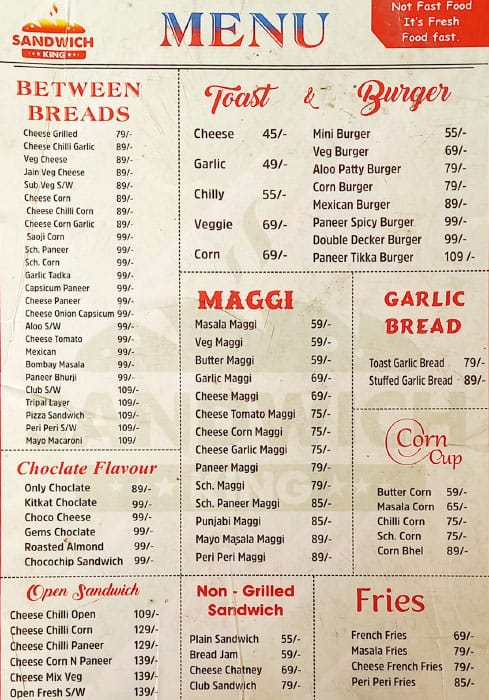 Menu of Sandwich King, Hingna T Point, Nagpur
