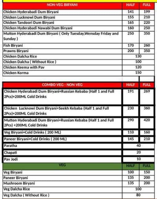 Menu of Delhi Darbar, Kharadi, Pune