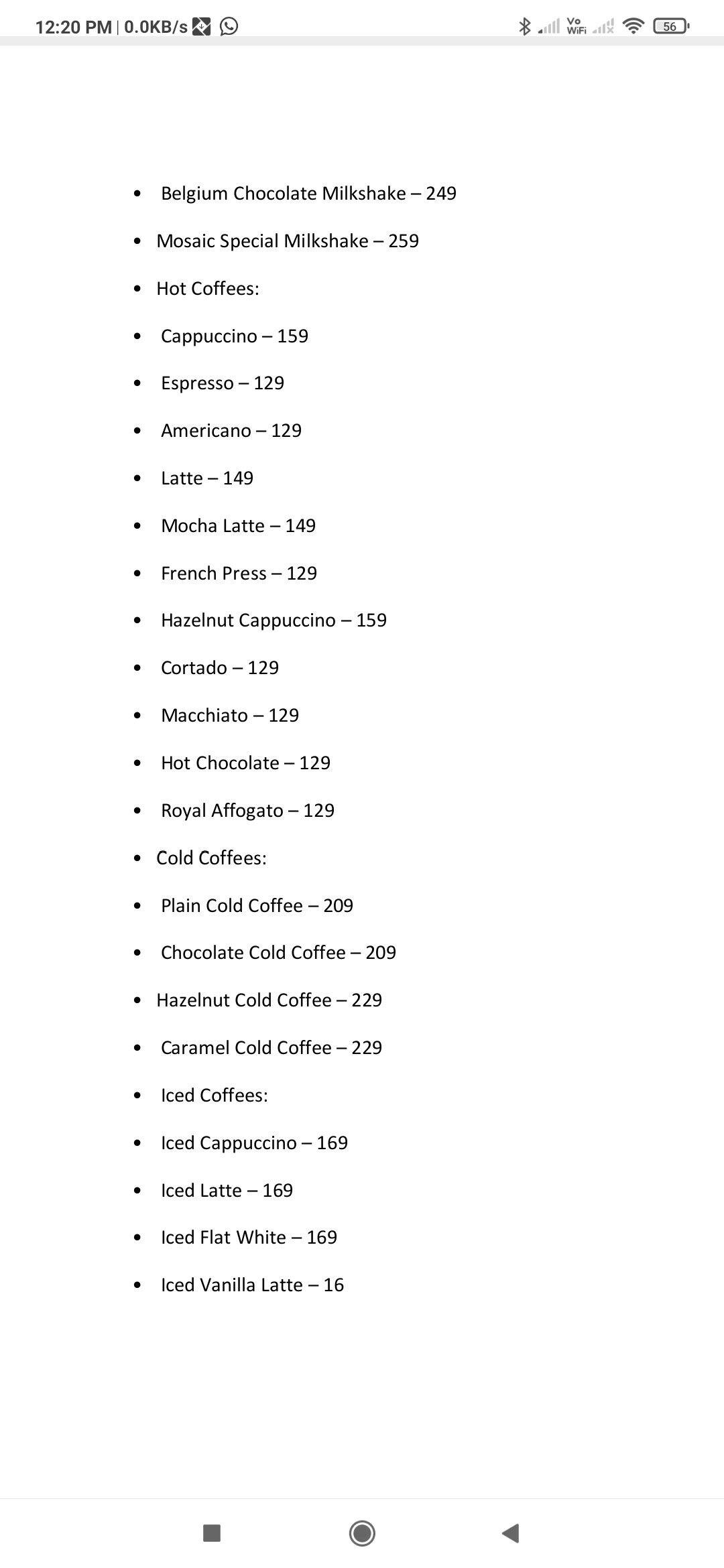 Menu of Cafe Mosaic, Sainikpuri, Secunderabad