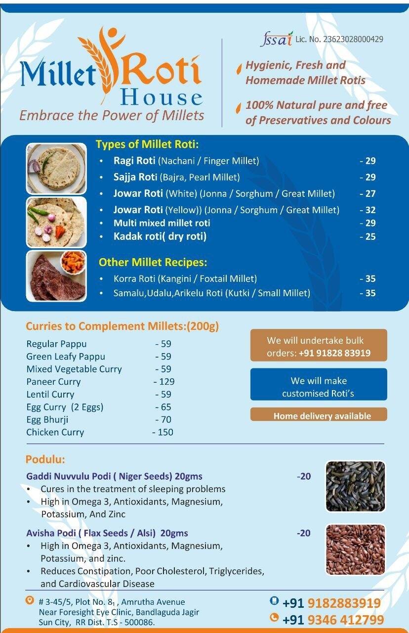 Menu of Millet Roti House, Langer Houz, Hyderabad