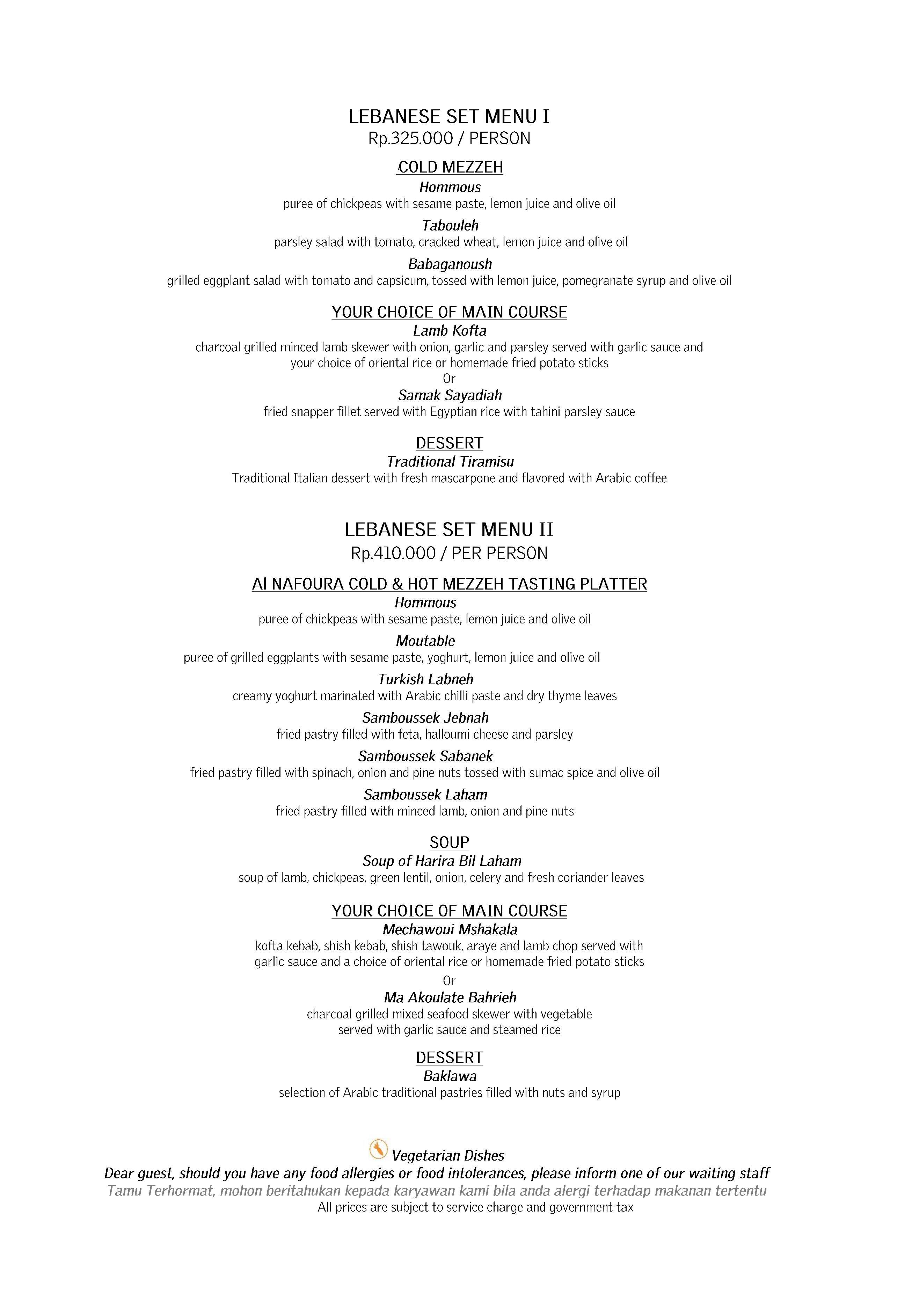 Carta de Al Nafoura Restaurant, Yakarta