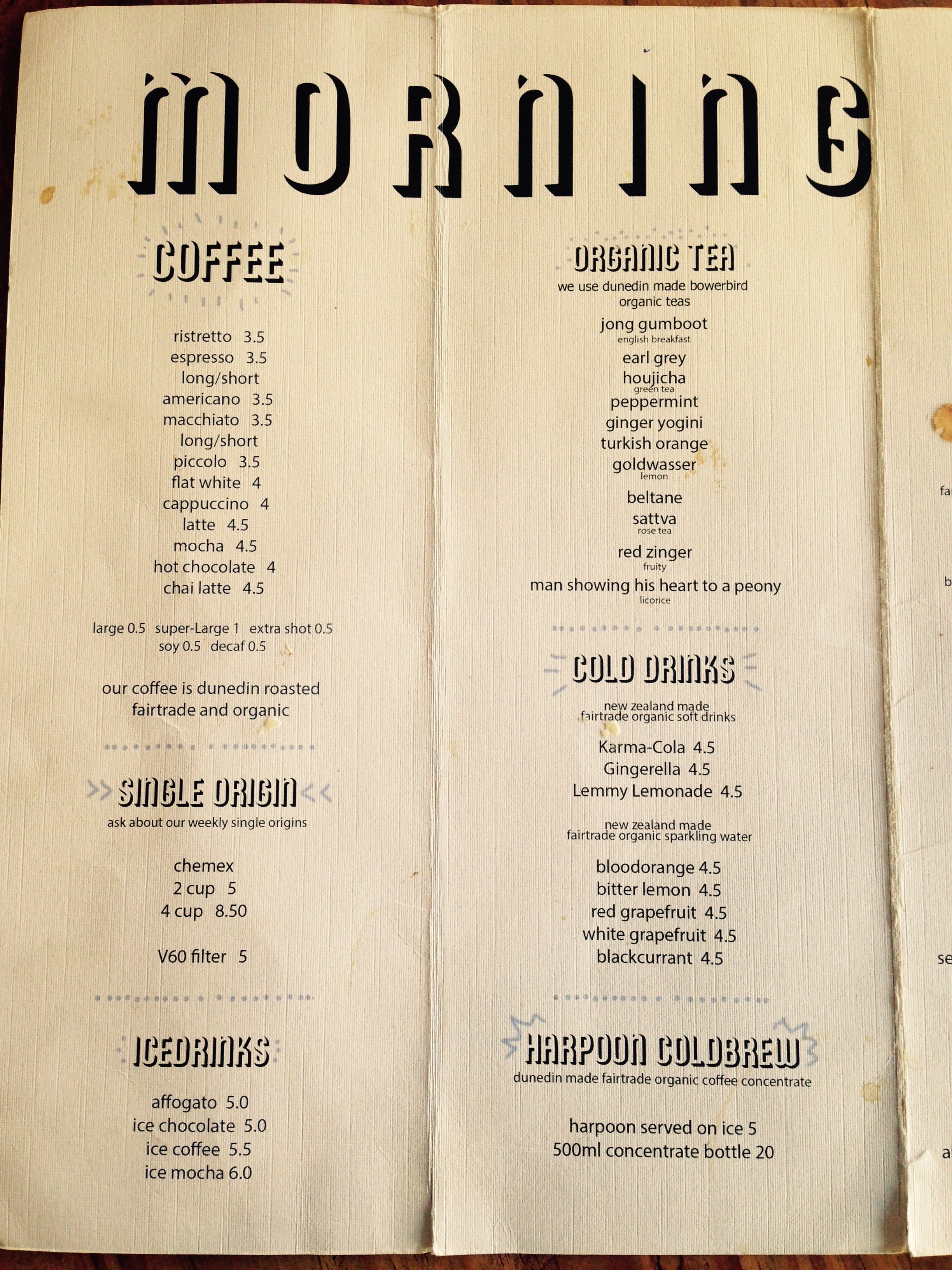 Menu at Morning Magpie cafe, Dunedin