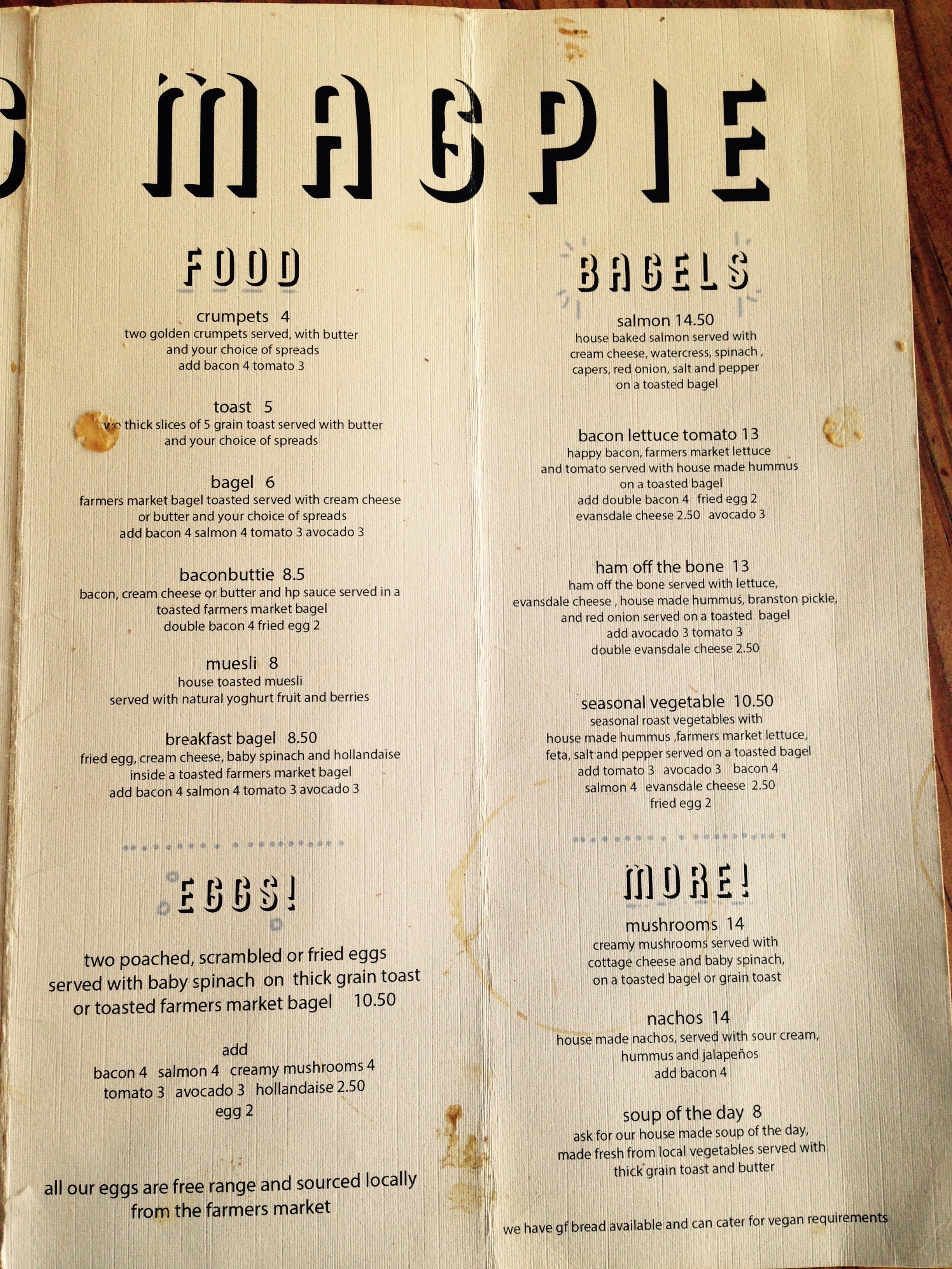 Menu at Morning Magpie cafe, Dunedin