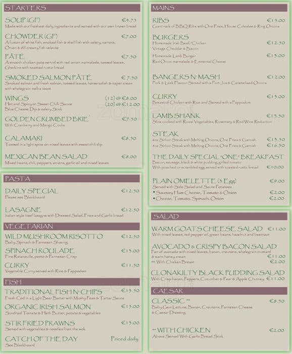 Menu at One Cafe, Dublin