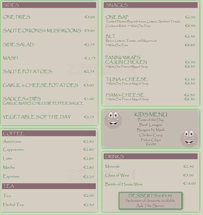 Menu at One Cafe, Dublin