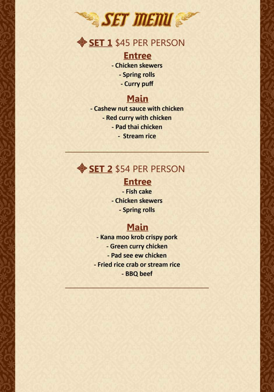 Menu at Siam House restaurant, Haymarket