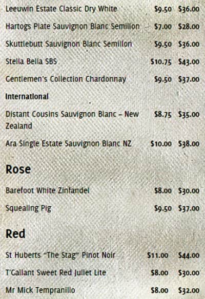 Menu at The Peasant's Table cafe, Mount Hawthorn