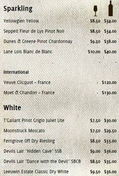 Menu at The Peasant's Table cafe, Mount Hawthorn