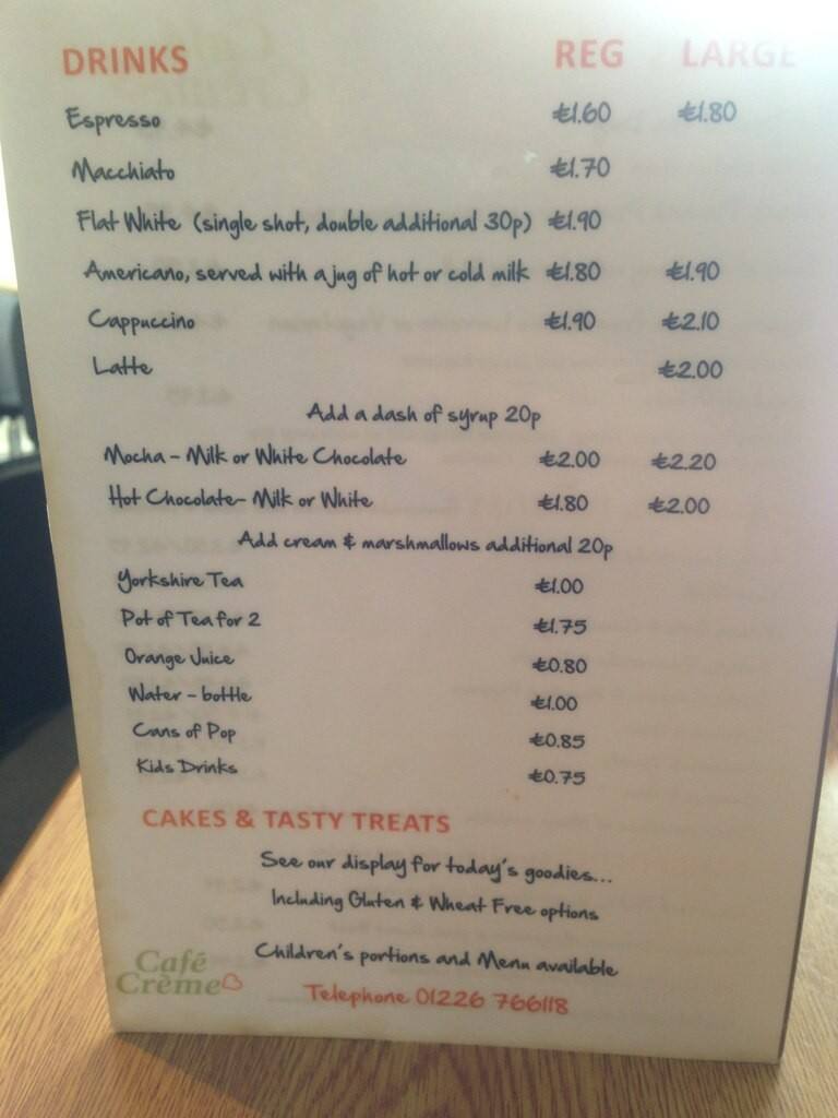 Menu at Cafe Creme, Sheffield