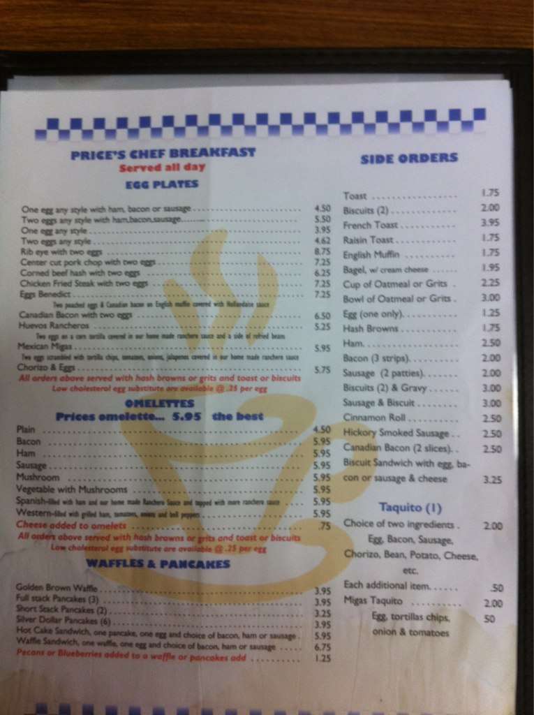 Menu at Price's Chef restaurant, Corpus Christi