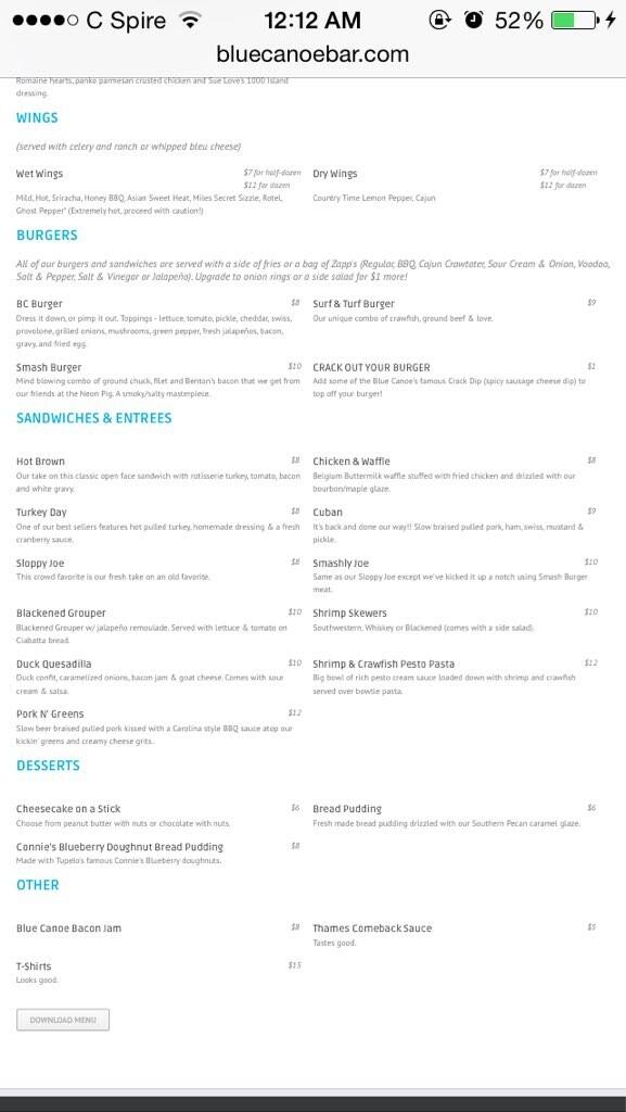 Menu at Blue Canoe pub & bar, Tupelo