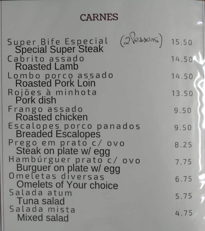 Menu at Mira Douro restaurant, Porto