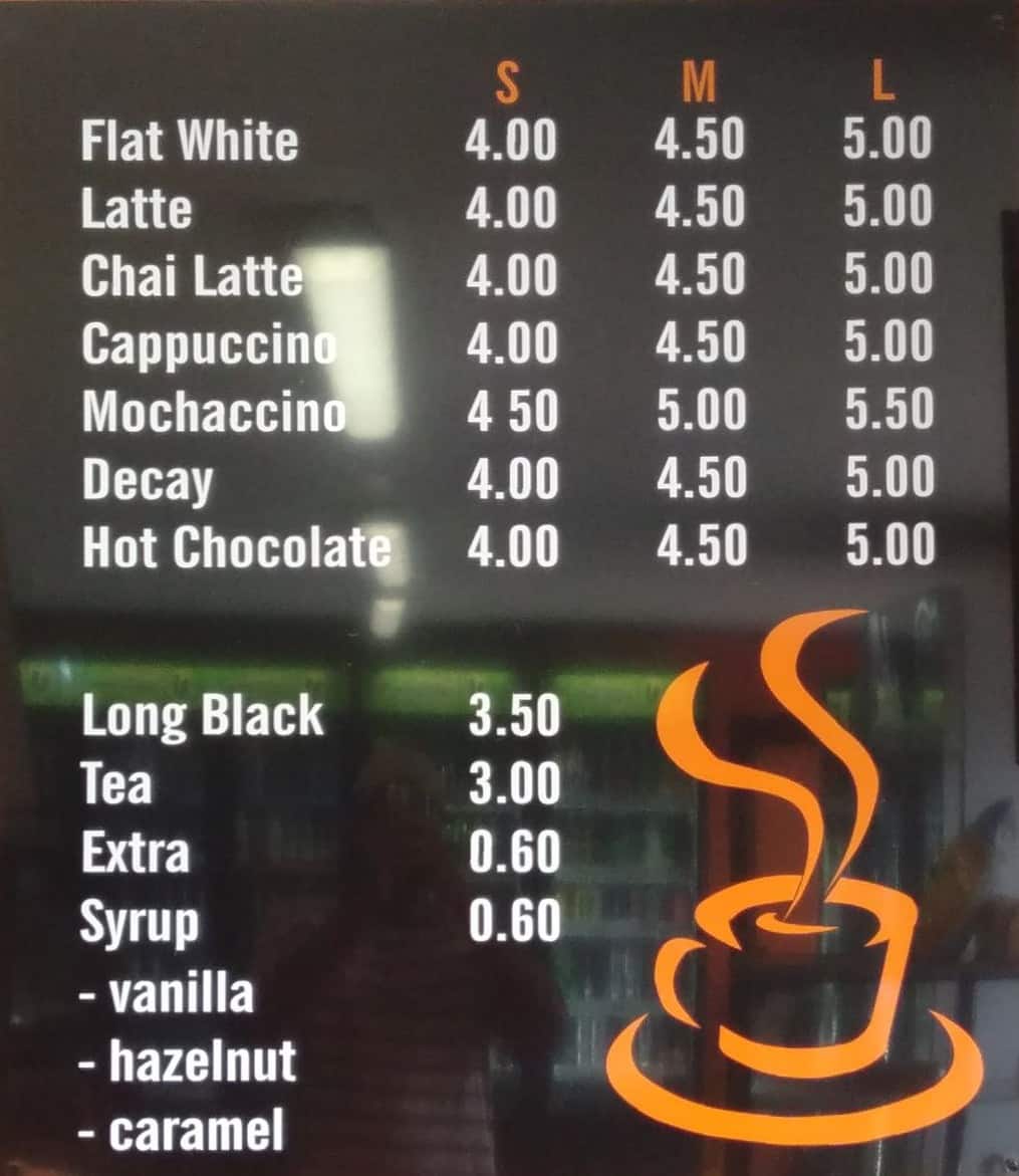 Menu at Vincent's Bakery, Auckland