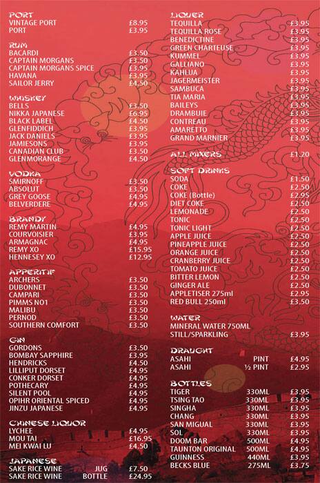 Menu at The Mandarin restaurant, Bournemouth