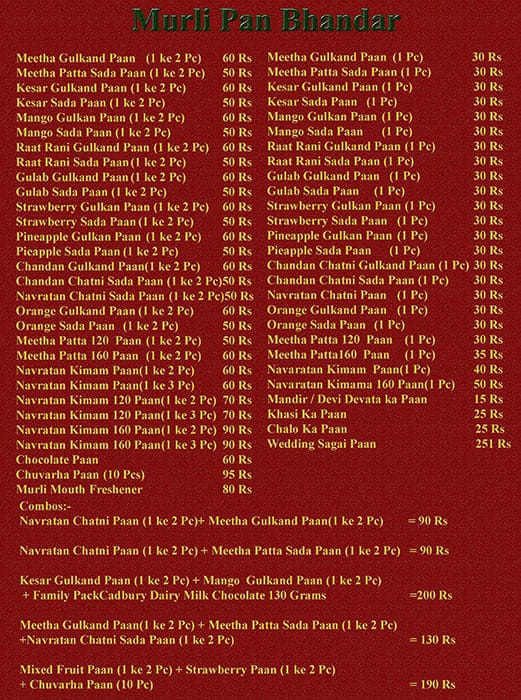 Menu of Murli Pan Bhandar, Pink City, Jaipur