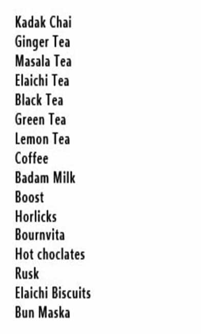 Menu of Chai Chuski, Gachibowli, Hyderabad