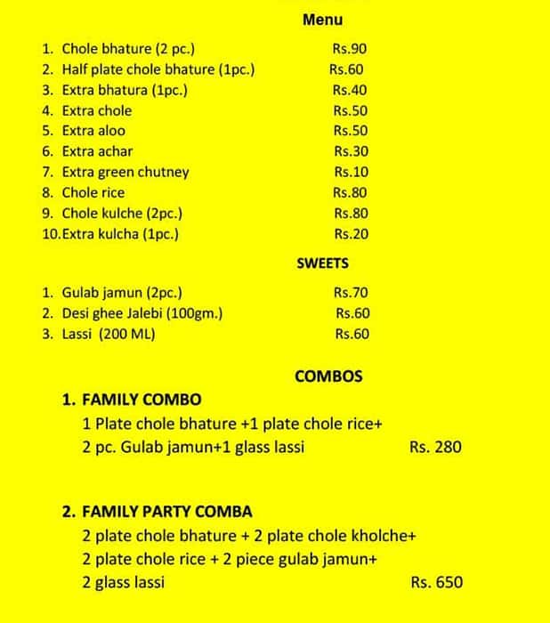 Menu of Govardhan Chole Bhature, Krishna Nagar, New Delhi