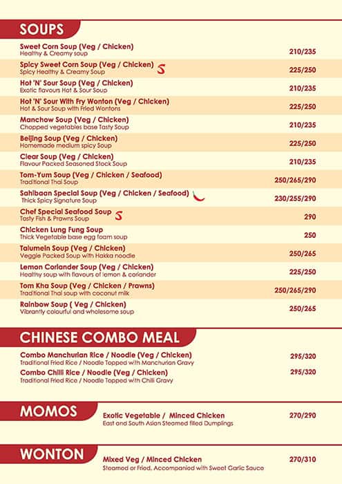 Menu of Sahibaan, Colaba, Mumbai