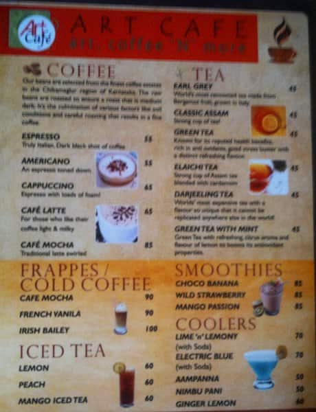 Menu at Art Cafe, Mumbai