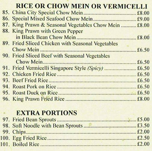 Menu at China City restaurant, Manchester, 56 Faulkner St