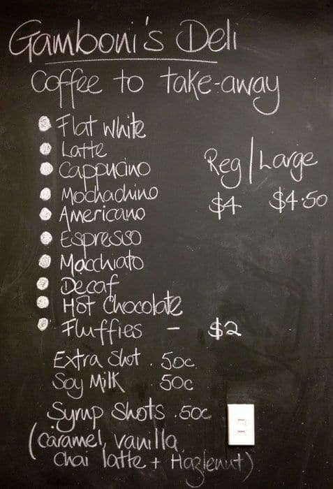 Menu at Gamboni's Deli, Wellington