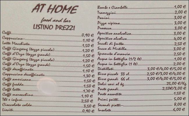 At Home a Roma: Foto del Menu con Prezzi - Zomato Italia