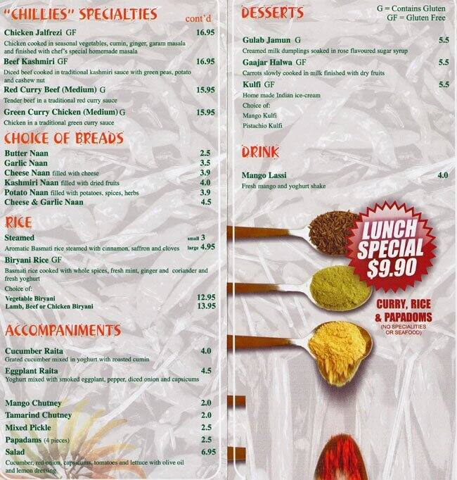 Menu at Chillies Indian Restaurant, Hectorville