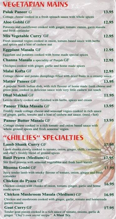 Menu at Chillies Indian Restaurant, Hectorville