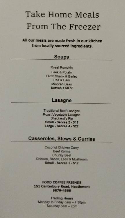 Menu at Food Coffee Friends cafe, Heathmont