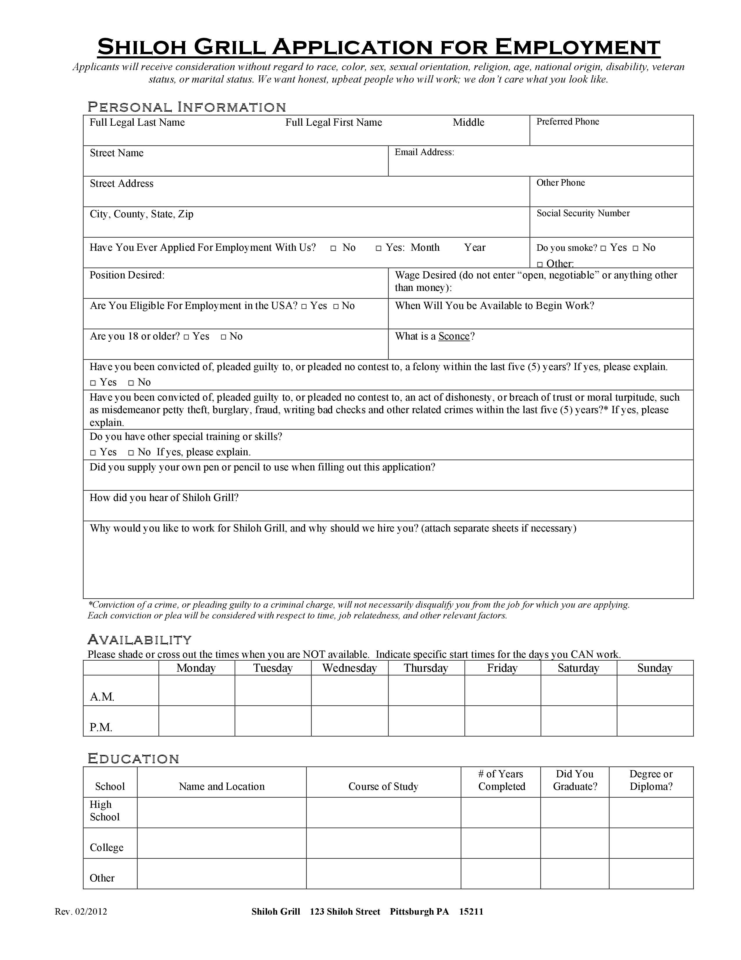 Menu at Shiloh Gastro restaurant, Pittsburgh