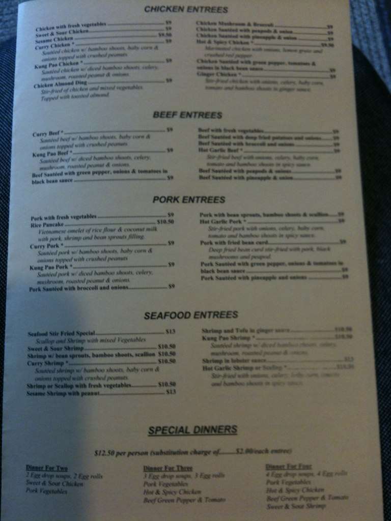 Menu at Vina Vietnamese Restaurant, Richfield