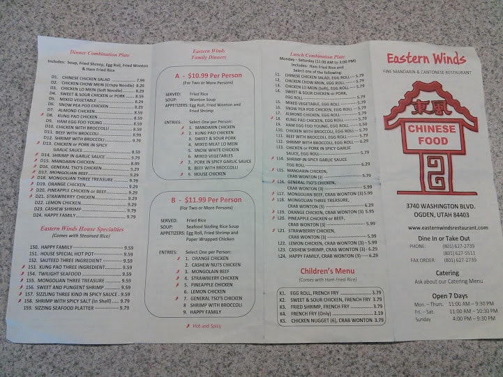 Carta de Eastern Winds Restaurant, Ogden